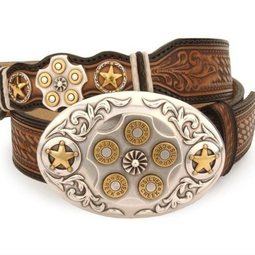 Silver Creek Texas Star Bullet Buckle Leather Belt - Gem